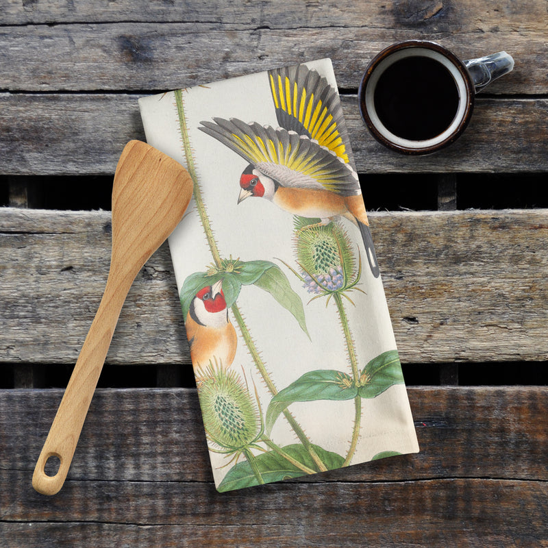 Tea towel Birds of the UK Goldfinch feeding on teasel – A Blackbird Sang